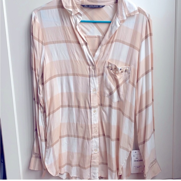 Zara | Tops | Zara Barbie Pink Plaid Button Down Shirt Pearl Detail | Poshmark